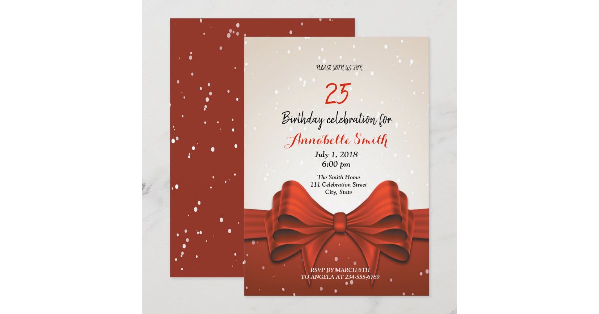 Modern elegant chic red ribbon birthday invitation | Zazzle