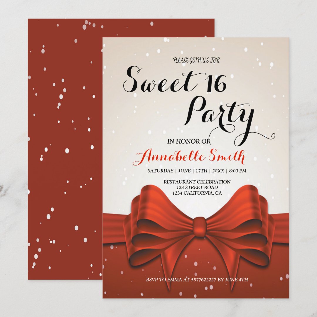 Modern elegant chic red ribbon sweet 16 invitation | Zazzle
