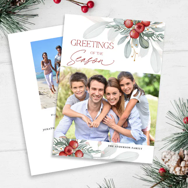 Modern Elegant Christmas Greenery Photo Holiday Card | Zazzle