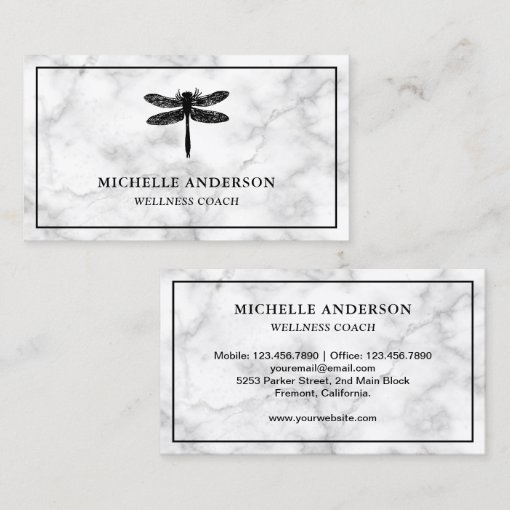 Modern Elegant Classic White Marble Dragonfly Business Card | Zazzle