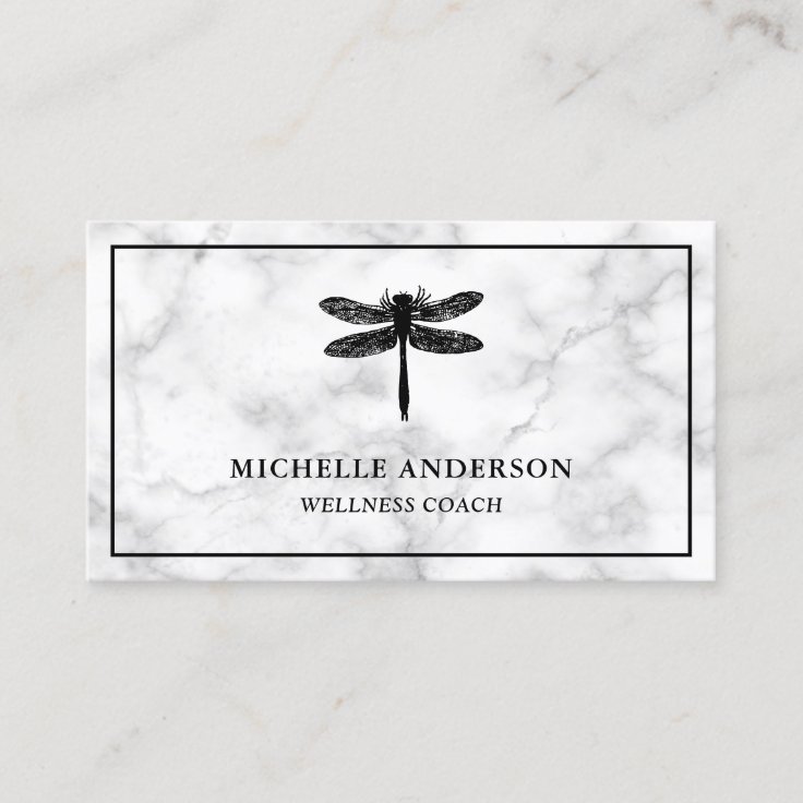 Modern Elegant Classic White Marble Dragonfly Business Card | Zazzle
