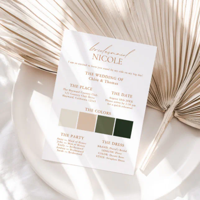 Modern Elegant Color Palette Bridesmaid Info Card | Zazzle
