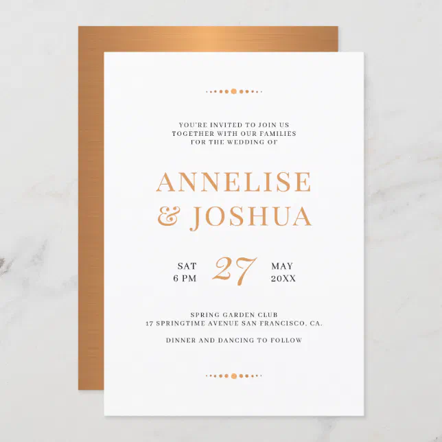 Modern elegant copper gold typography wedding invitation | Zazzle