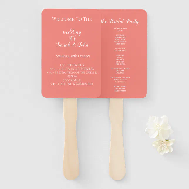 Modern Elegant Coral Wedding Program Hand Fan | Zazzle