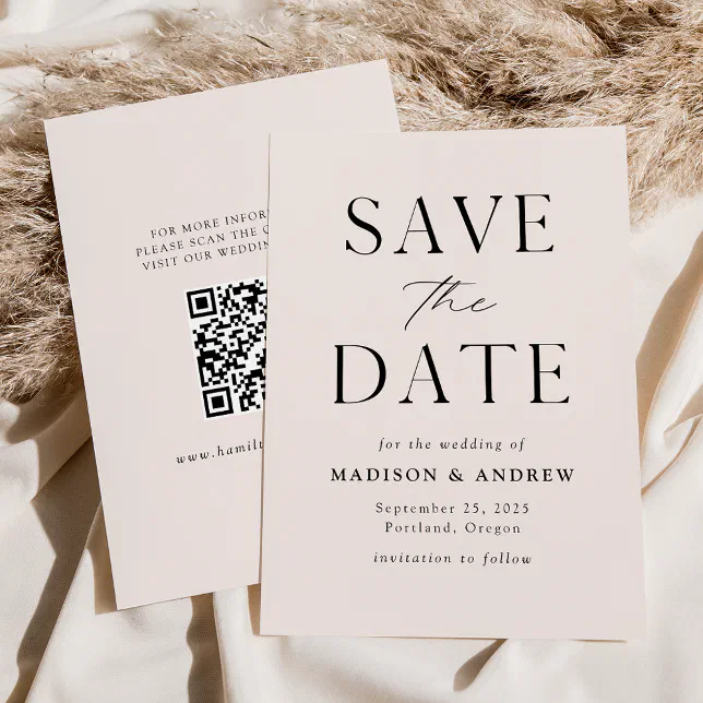 Modern Elegant Cream QR Code Save The Date | Zazzle