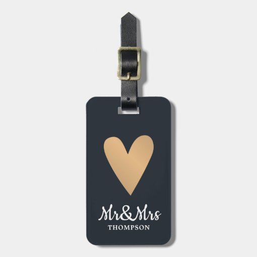 Modern Elegant Dark Faux Gold Heart Mr&Mrs Luggage Tag | Zazzle