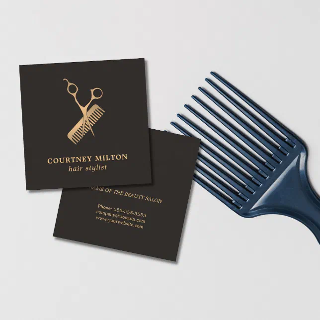 Modern Elegant Dark Faux Gold Scissor Comb Square Business Card | Zazzle