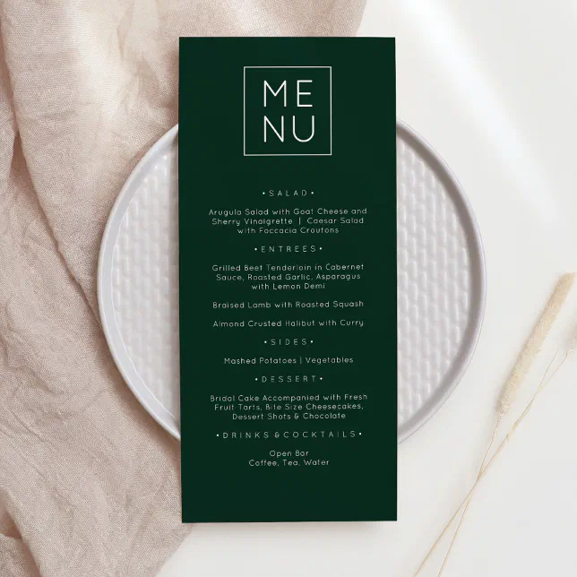 Modern Elegant Dark Green Menu Card | Zazzle