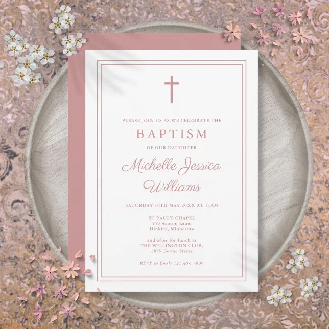 Modern Elegant Dusty Rose Pink Border Baptism Invitation | Zazzle
