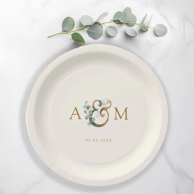 Modern, elegant eucalyptus ampersand wedding paper plates | Zazzle