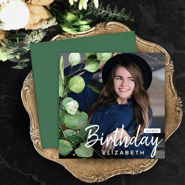 Modern Elegant Eucalyptus birthday greeting photo Invitation | Zazzle
