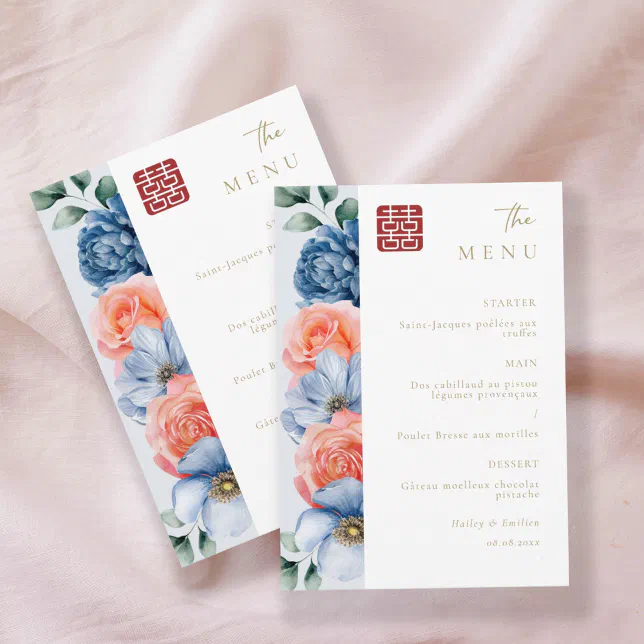 Modern Elegant Floral Chinese Wedding Menu Invitation | Zazzle