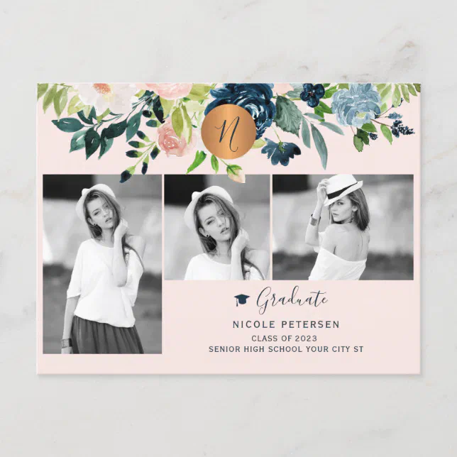 Modern elegant floral graduation photo collage announcement postcard ...
