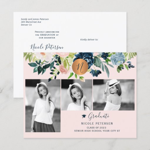 Modern elegant floral graduation photo collage announcement postcard ...