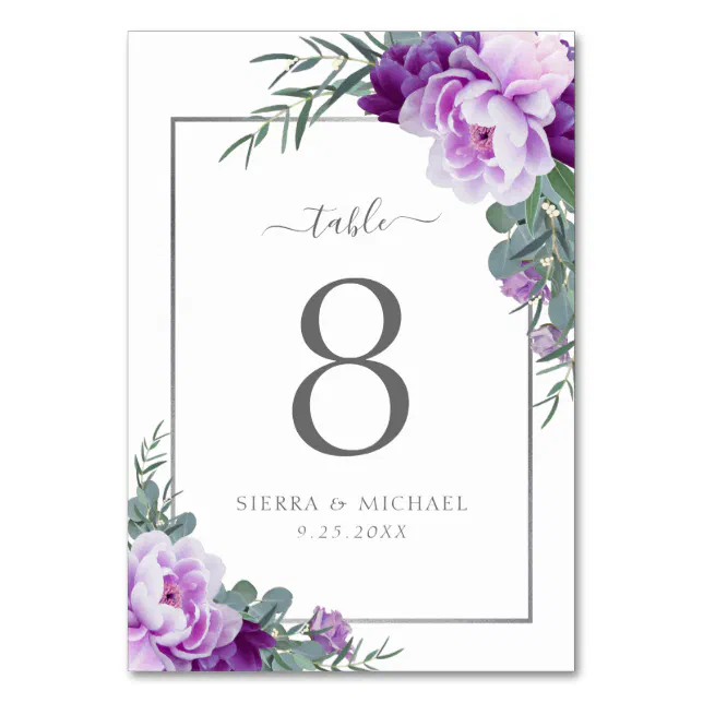 Modern Elegant Floral Purple & Silver Wedding Table Number | Zazzle