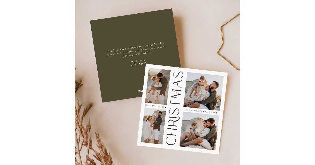 Modern Elegant Four Photo Collage Square Christmas Holiday Card | Zazzle