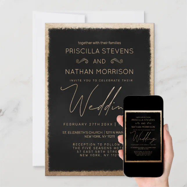 Modern Elegant Gold Black Painted Border Wedding Invitation | Zazzle