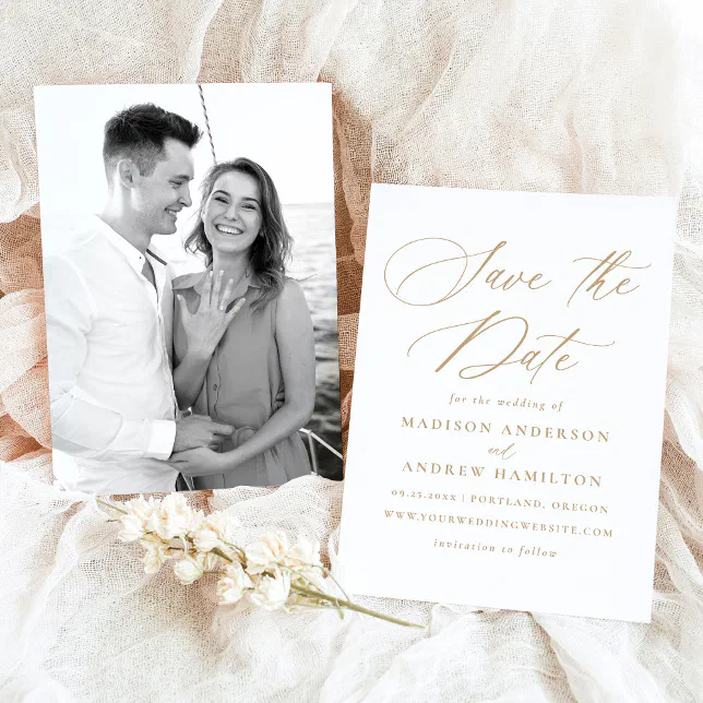 Modern Elegant Gold Calligraphy Photo Wedding Save The Date | Zazzle