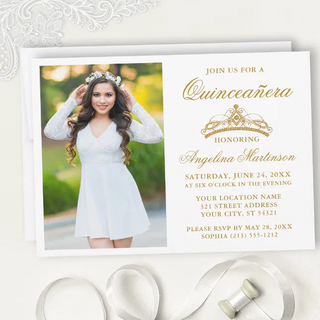 Modern Elegant Gold Crown Photo Quinceanera Invitation | Zazzle