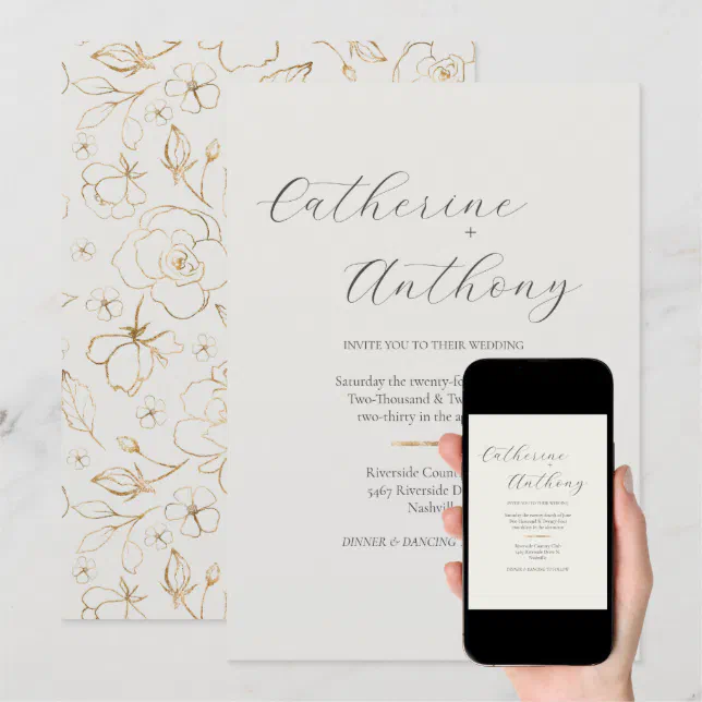Modern Elegant Gold Floral Minimalist Wedding Invitation | Zazzle