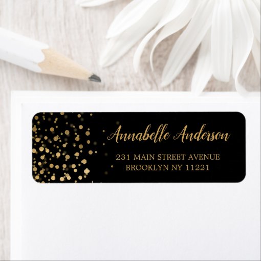 Modern Elegant Gold Glitter Confetti Script Black Label | Zazzle