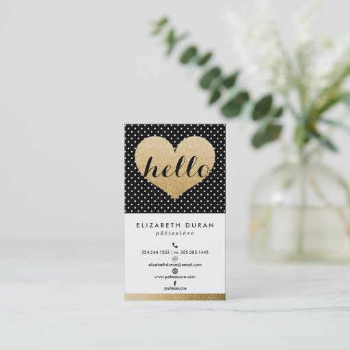 Modern Elegant Gold Hello Heart Black Dots Custom Business Card | Zazzle