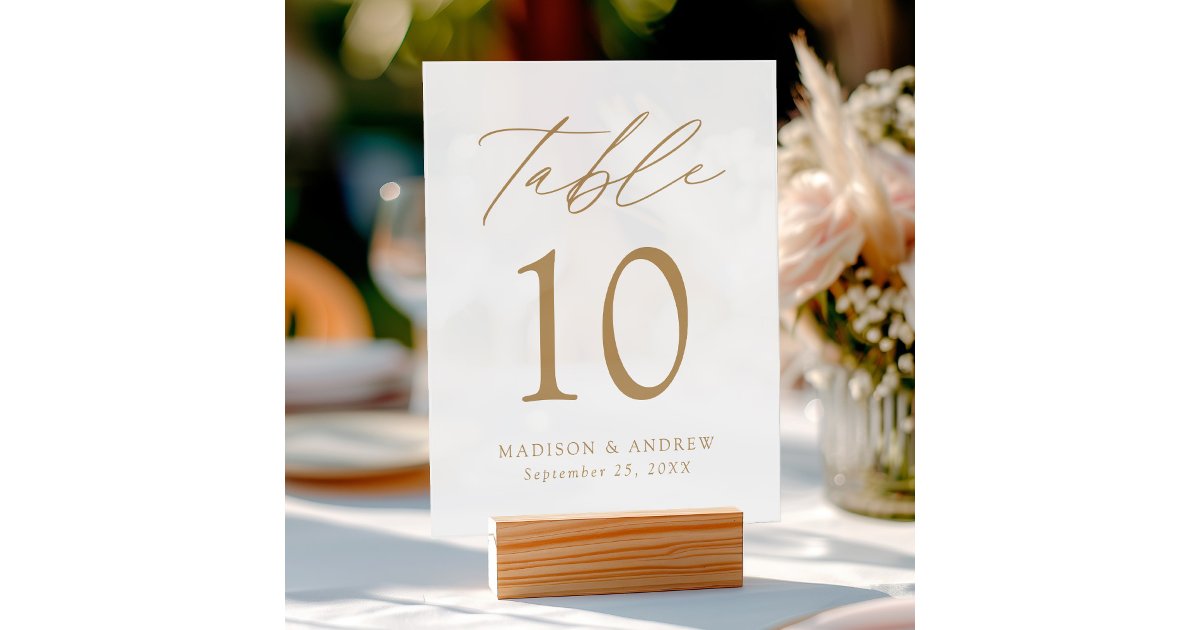 Modern Elegant Gold Script Wedding Table Number Acrylic Sign | Zazzle
