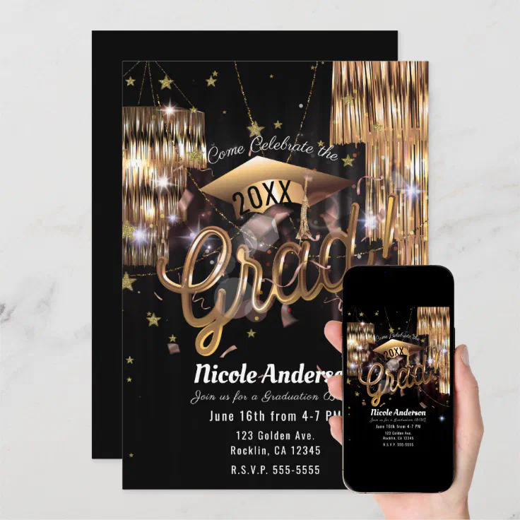 Modern Elegant Golden Glam Grad Party Graduation Invitation | Zazzle