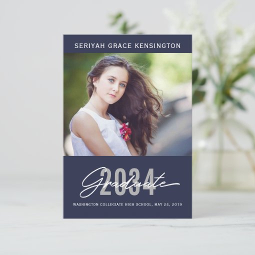 Modern Elegant Graduate | Blue Graduation Photo Announcement | Zazzle