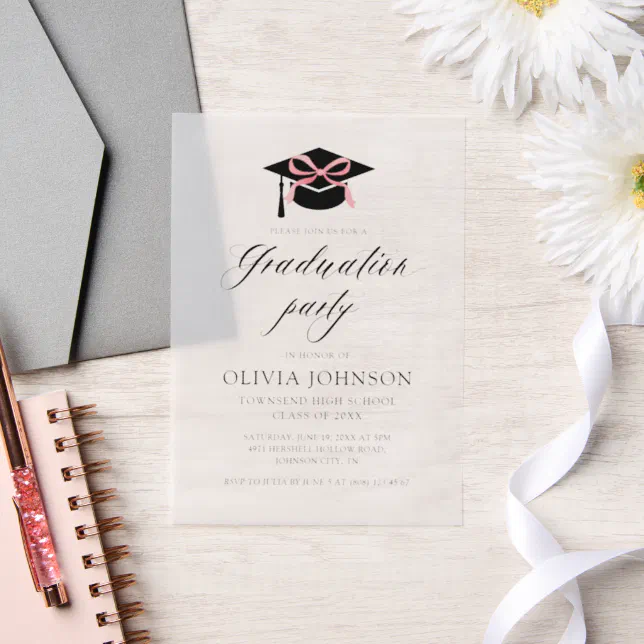 Modern Elegant Graduation Cap Pink Bow Graduation Vellum Invitations ...