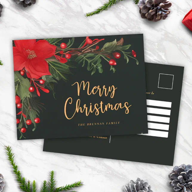 Modern Elegant Green Botanical Merry Christmas Holiday Postcard | Zazzle
