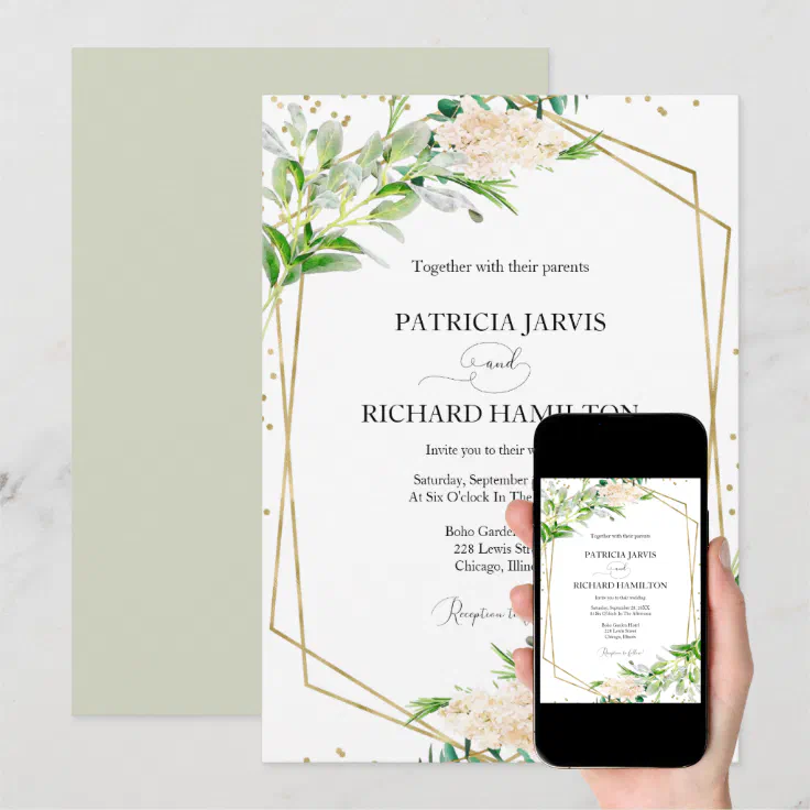 Modern Elegant Greenery Geometric Wedding Invitation | Zazzle