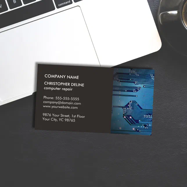 Modern Elegant Grey Blue Circuit Computer Repair Business Card | Zazzle