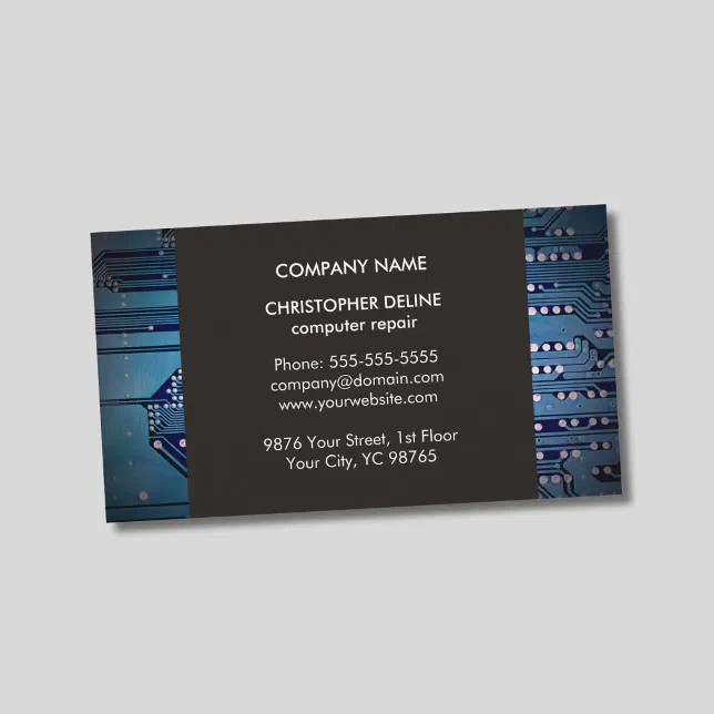 Modern Elegant Grey Blue Circuit Computer Repair Business Card | Zazzle