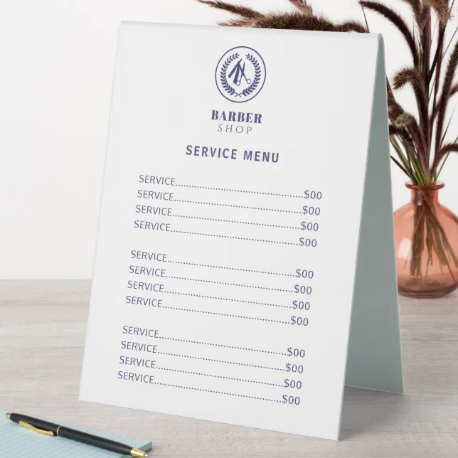 Modern elegant hair salon barber service menu table tent sign | Zazzle