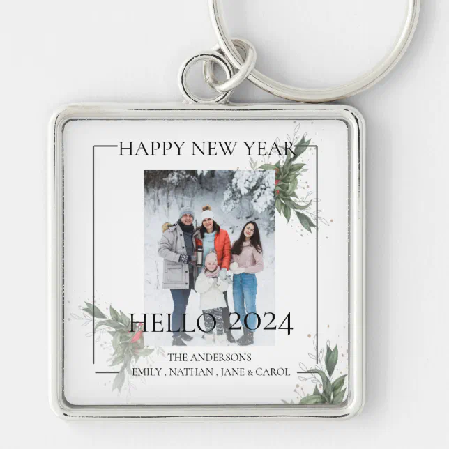 Modern Elegant Hello 2024 Photo Happy New Year Keychain | Zazzle