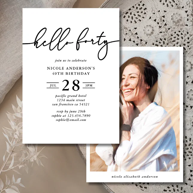 Modern Elegant Hello Forty 40th Photo Birthday Invitation | Zazzle