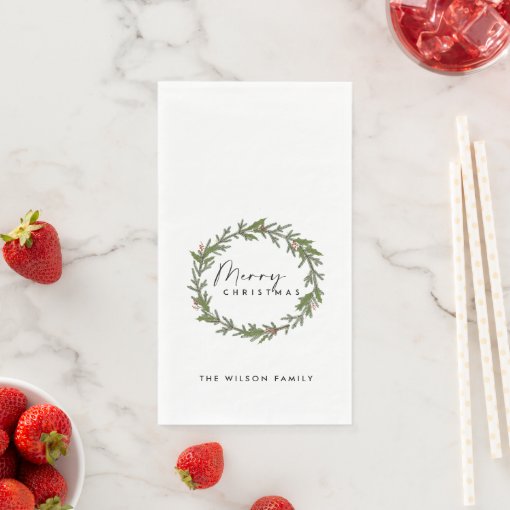 MODERN ELEGANT HOLLY BERRY WREATH CHRISTMAS PAPER GUEST TOWELS | Zazzle