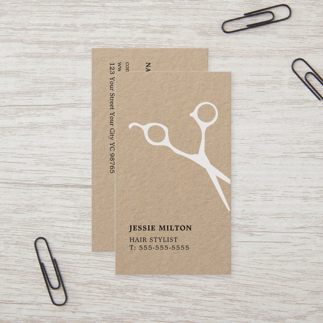 Modern Elegant Kraft White Scissor Hairstylist Business Card | Zazzle