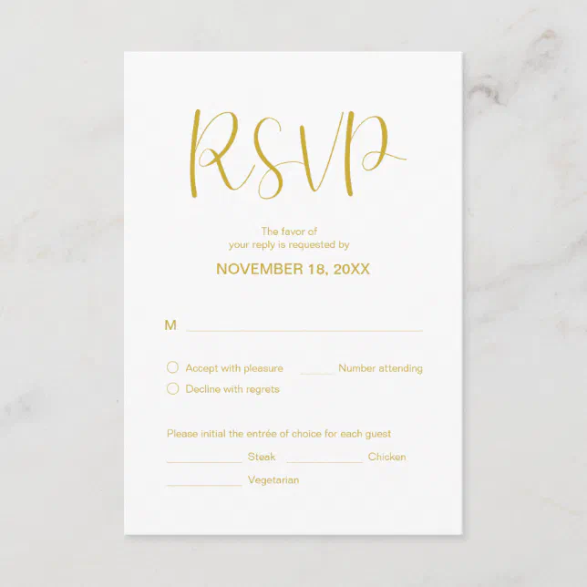Modern Elegant Minimal, RSVP, Gold Font, Respond Enclosure Card | Zazzle