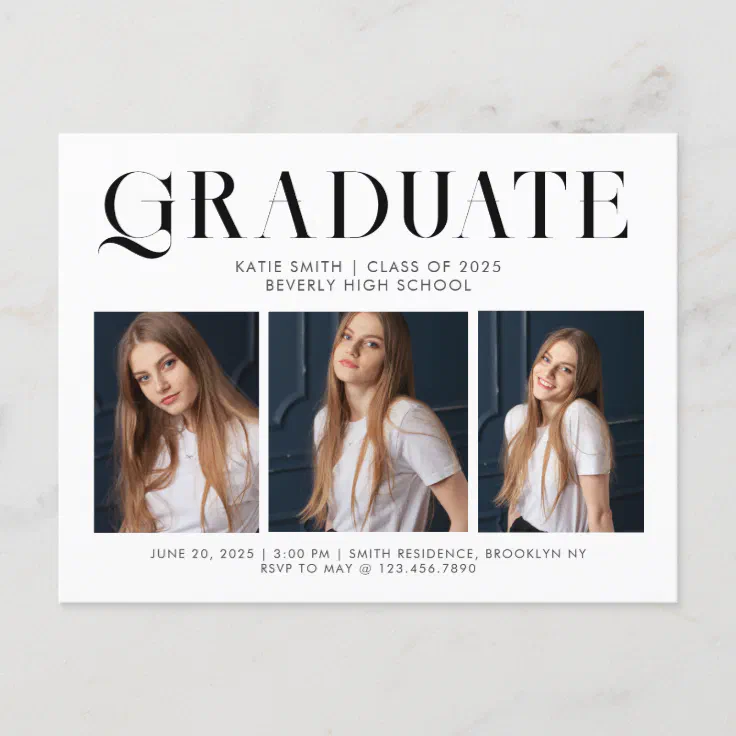 Modern Elegant Minimalist Graduation Three Photo Invitation Postcard ...