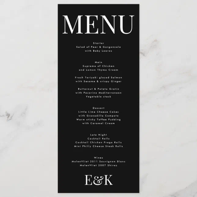 Modern Elegant Monogram Black White Wedding Menu | Zazzle