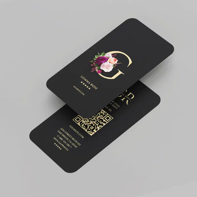 Modern Elegant Monogram G Floral Black Gold Business Card | Zazzle
