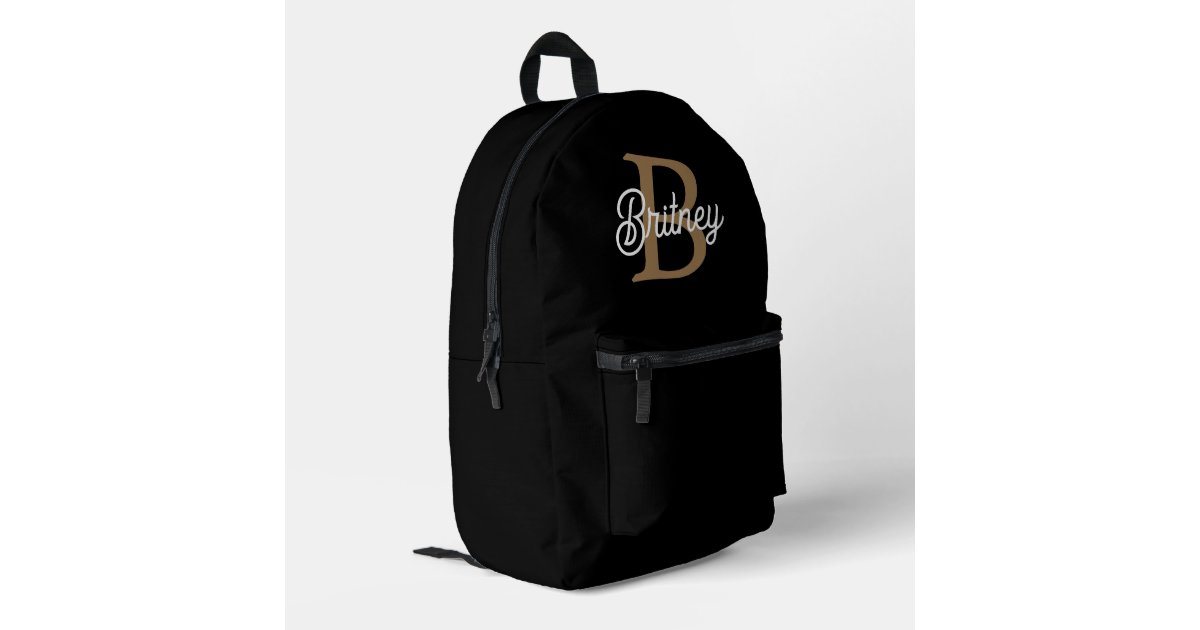 Modern Elegant Monogram Name Black Gold Script Printed Backpack | Zazzle