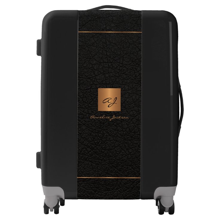 Modern elegant monogrammed black gold simple luggage | Zazzle