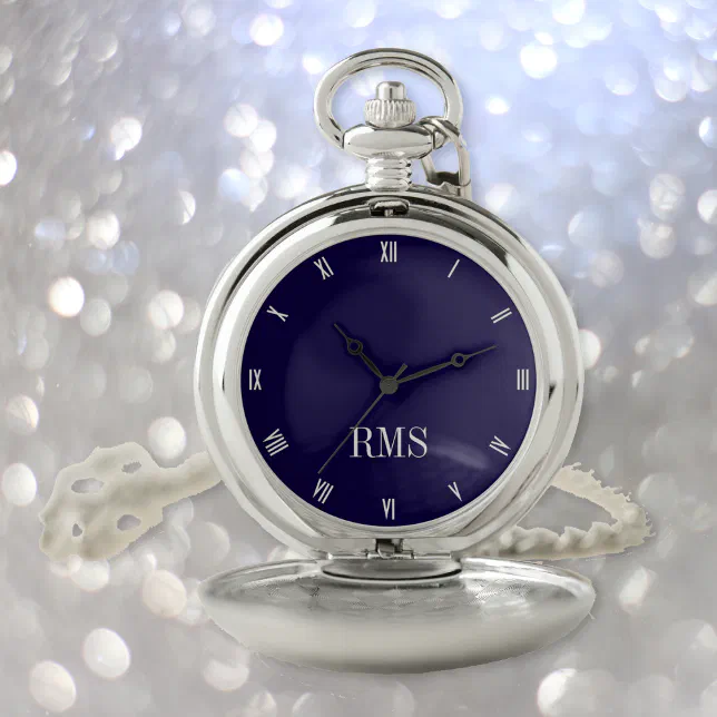 Modern Elegant Monogrammed Classic Navy Blue Mens Pocket Watch | Zazzle