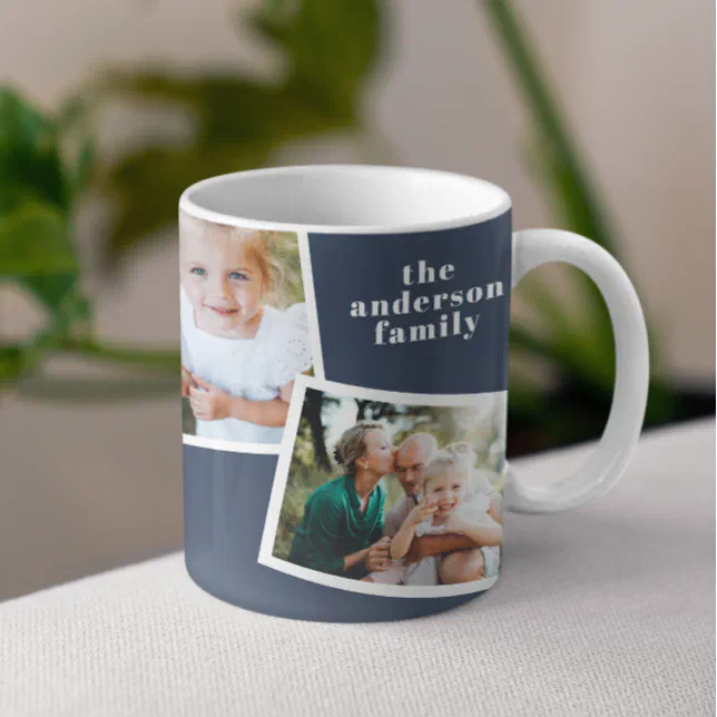 Modern elegant multi photo family navy blue coffee mug | Zazzle