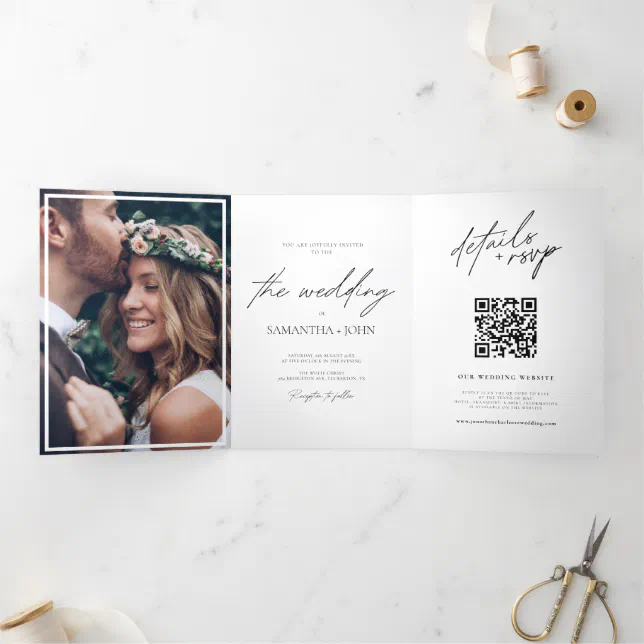Modern Elegant Multi Photo QR Code Wedding Tri-Fold Invitation | Zazzle
