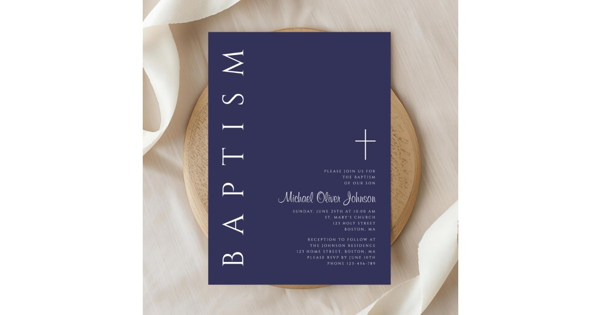 Modern Elegant Navy Blue Cross Baptism Invitation | Zazzle