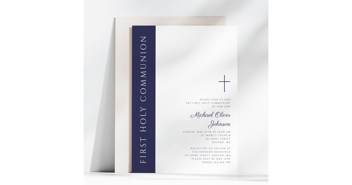 Modern Elegant Navy Blue Cross First Communion Invitation | Zazzle